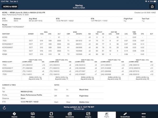 ForeFlight VFR Navigation Log - Holladay Aviation